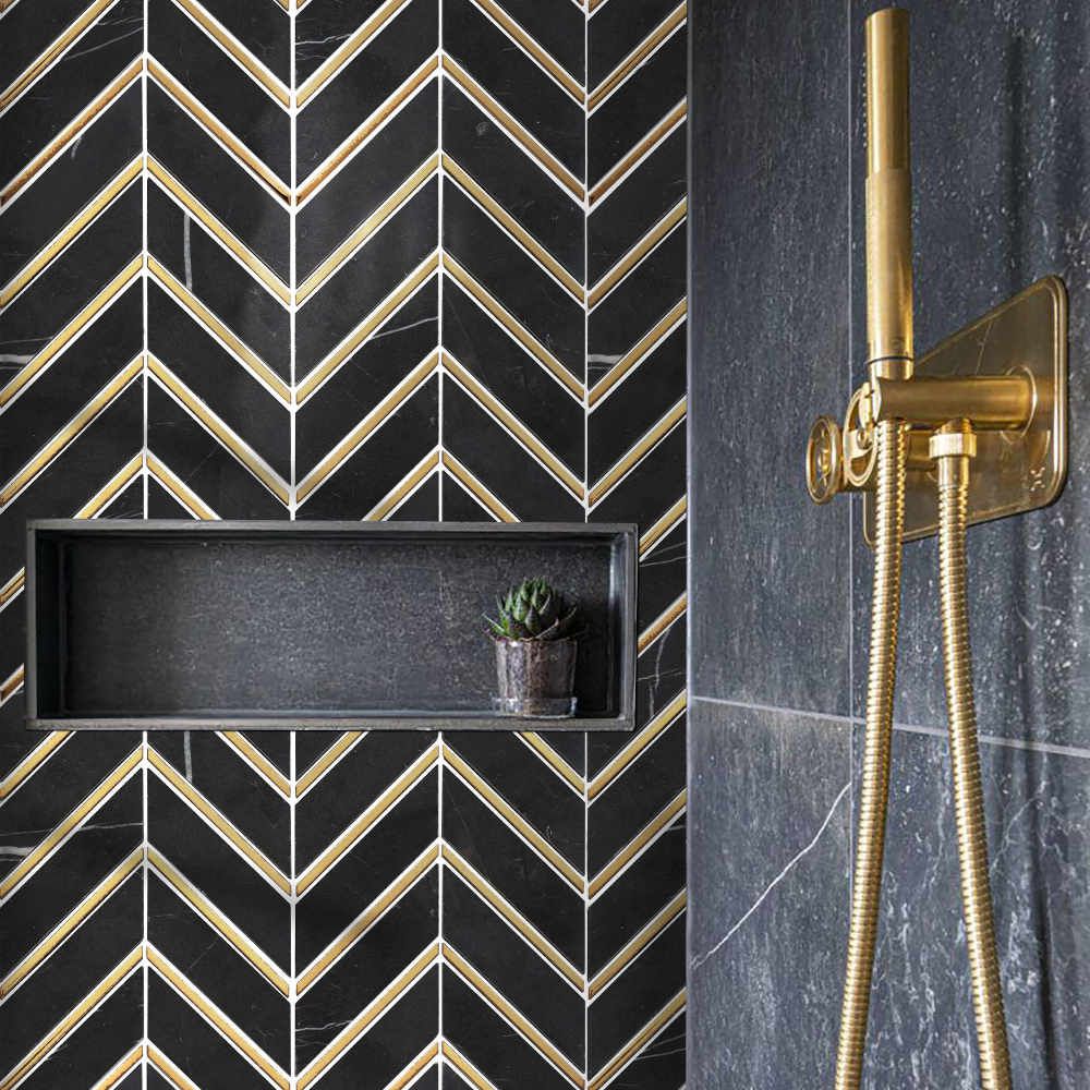 Golden Ebony Black and Gold Chevron Mosaic Tile – Premium Tiles