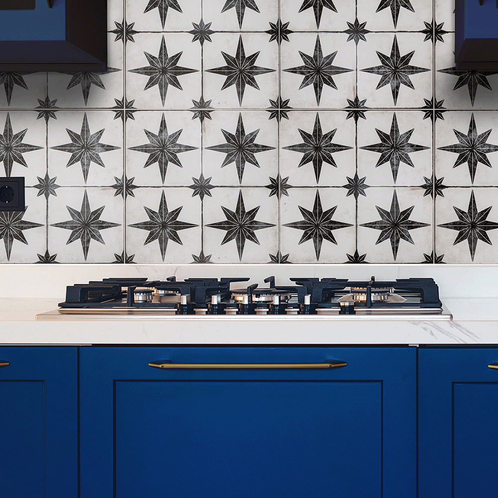 Compass Black and White Pattern Floor Ceramic Tile – Premium Tiles