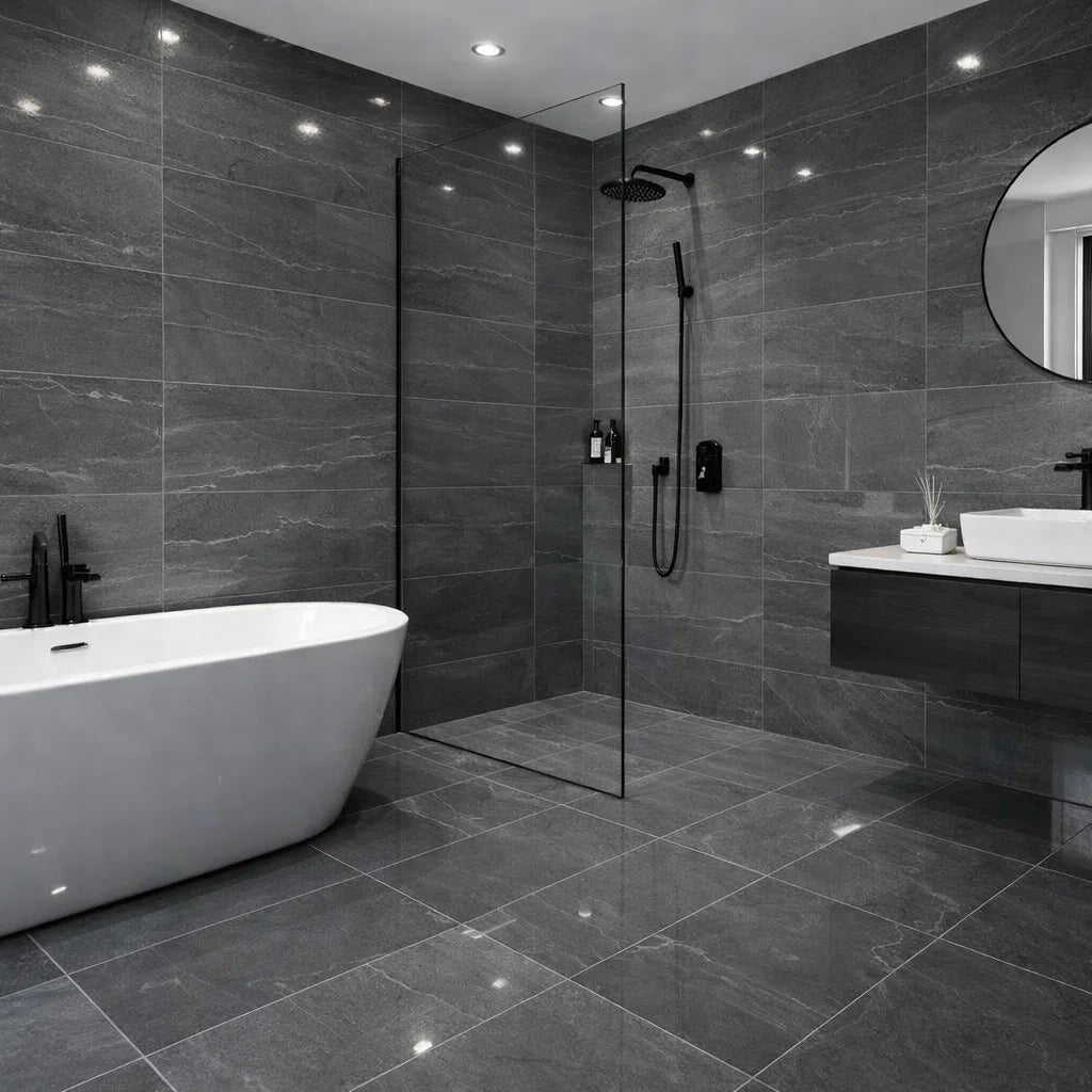 Mercury Dark Grey Gloss Stone Effect 600x300mm Wall and Floor Tile ...