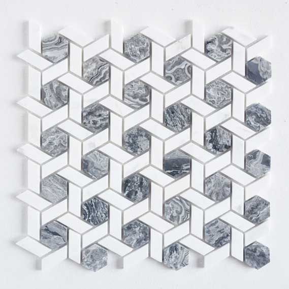 Meteorite Hexagon Authentic White and Grey Marble Mosaic Wall and Floo ...