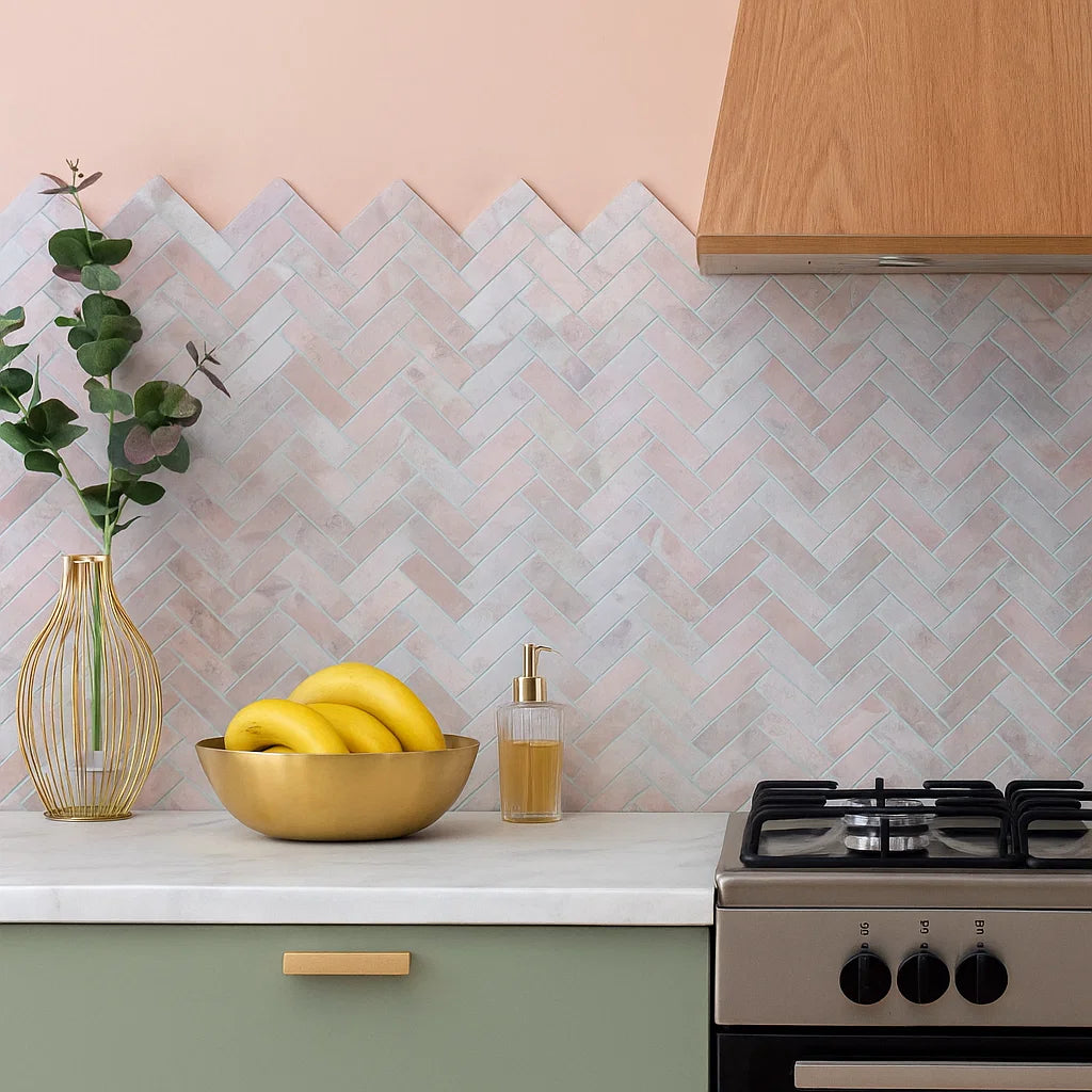 Rosé Verona Authentic Pink Marble Herringbone Wall and Floor Mosaic Ti ...