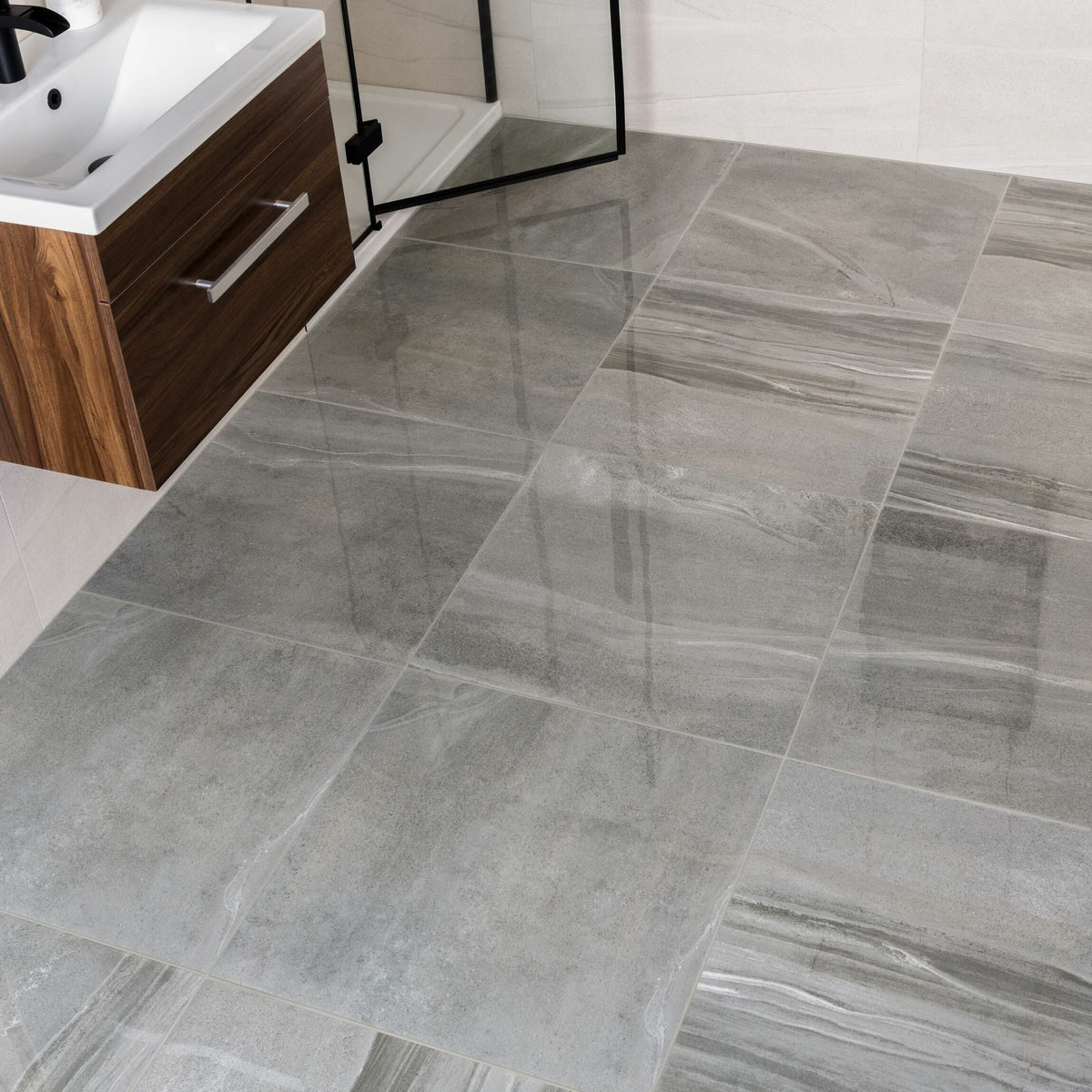 Serenity Grey Polished Stone Effect 60x60cm Floor Tile – Premium Tiles