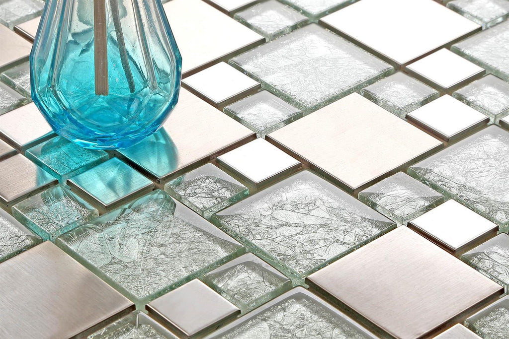 Space Silver Metal and Glass Square Wall Mosaic Tile – Premium Tiles